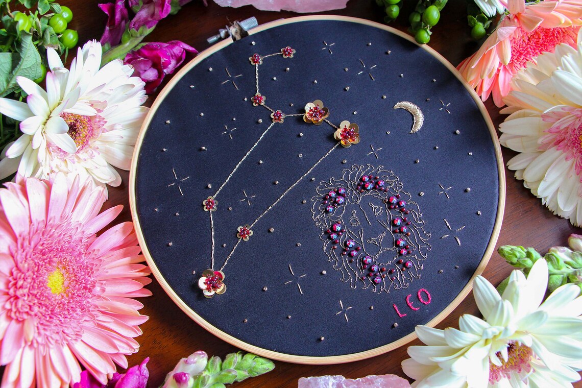 Leo Zodiac Hand Embroidery Pattern Downloadable PDF Beginner - Etsy