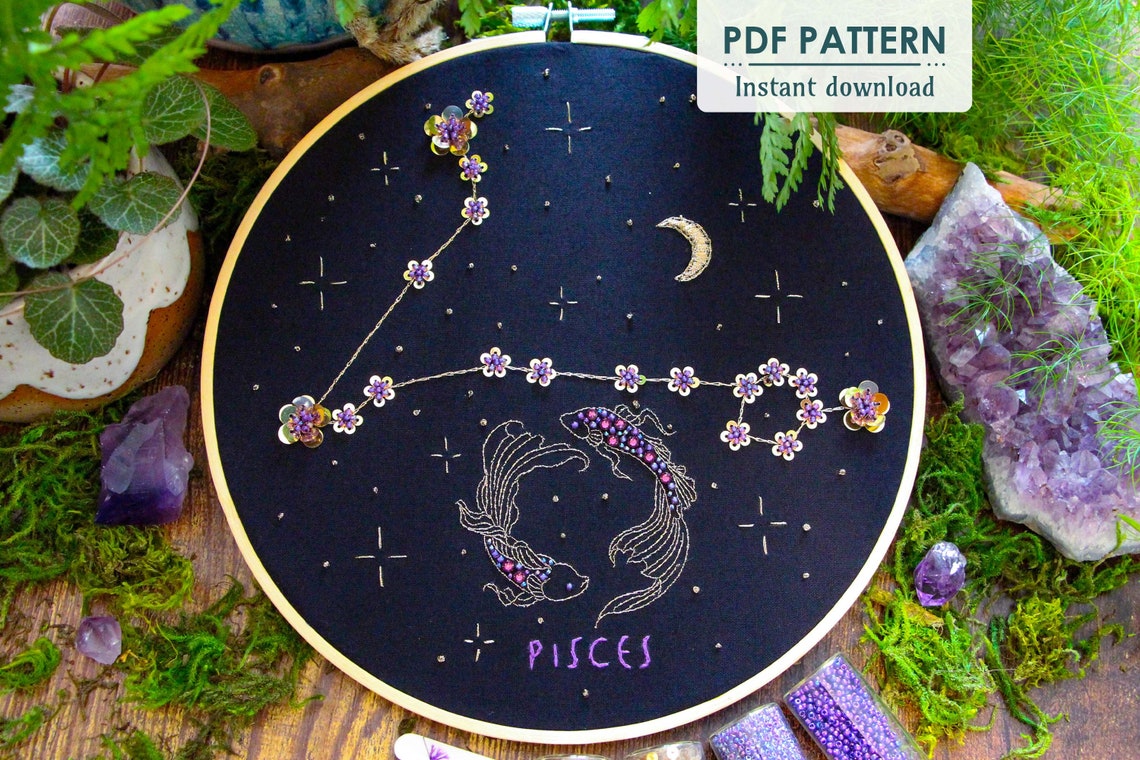 Pisces Zodiac Hand Embroidery Pattern Downloadable PDF - Etsy