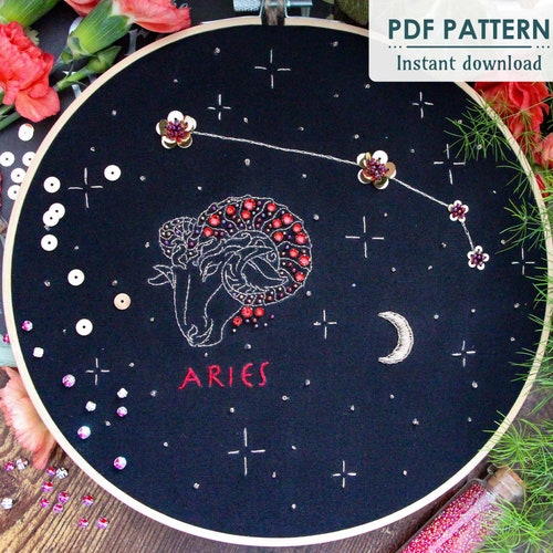 Aries Zodiac Hand Embroidery Pattern Downloadable PDF DIY - Etsy