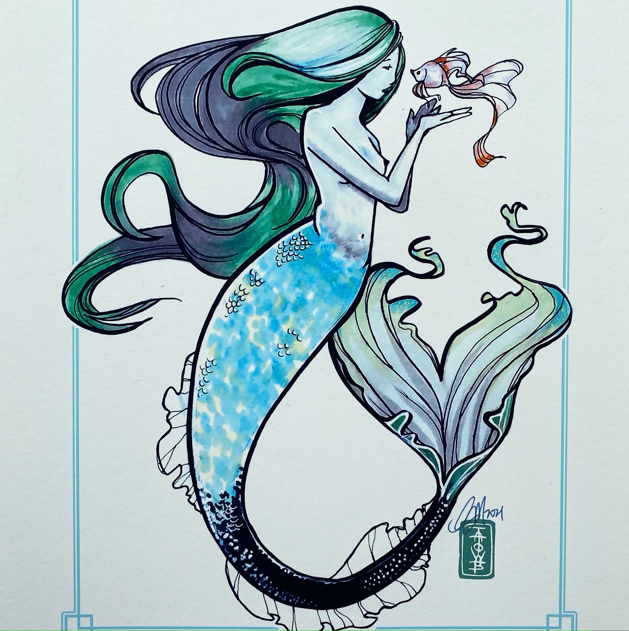 Blue and Green Mermaid, 8.5x11 Art Print - Etsy