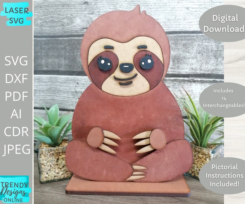 Sloth Interchangeable Svg Freestanding Sloth Svg Glowforge - Etsy