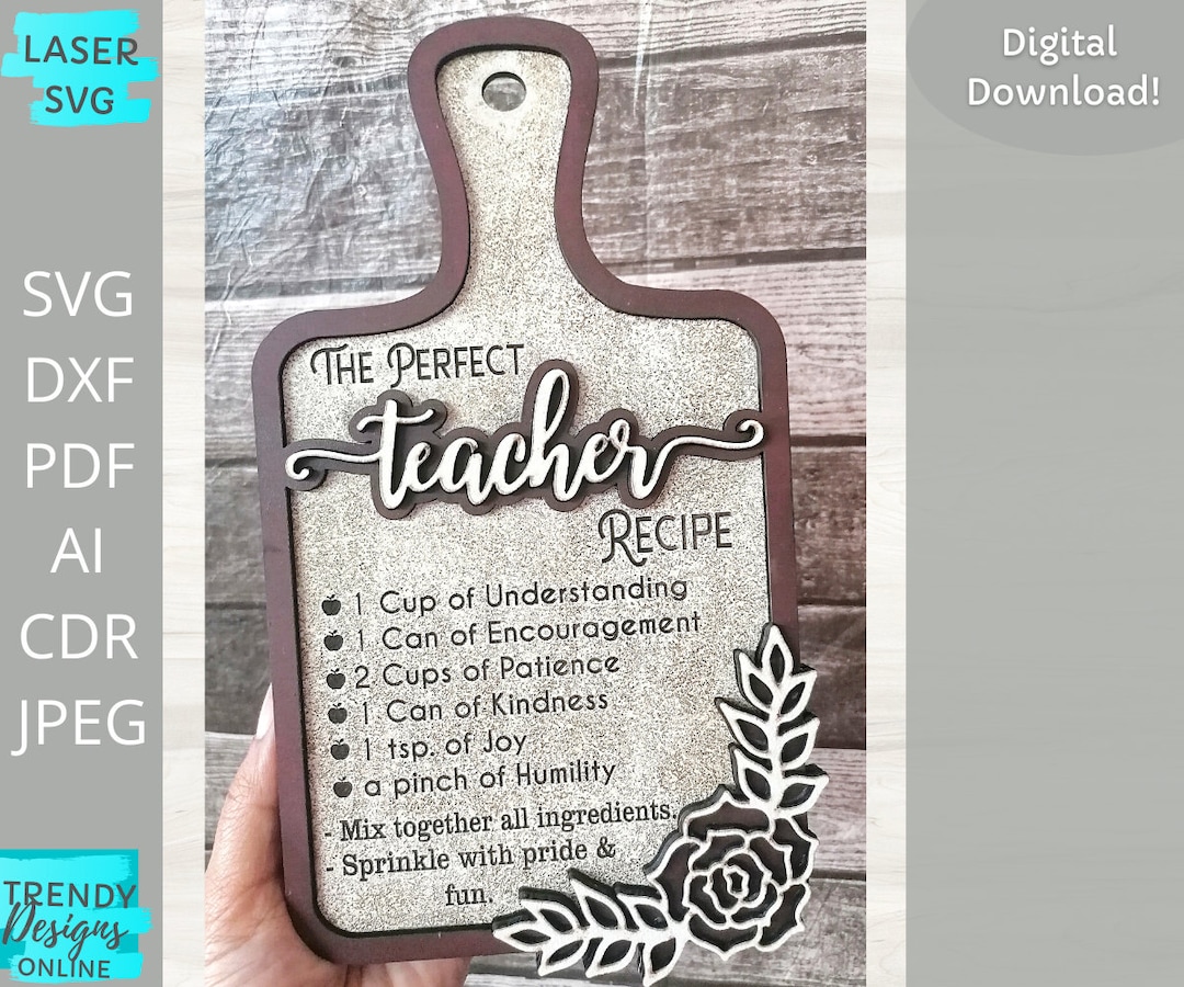 The Perfect Teacher Recipe Svg File, Cutting Board Svg, Glowforge Ready ...