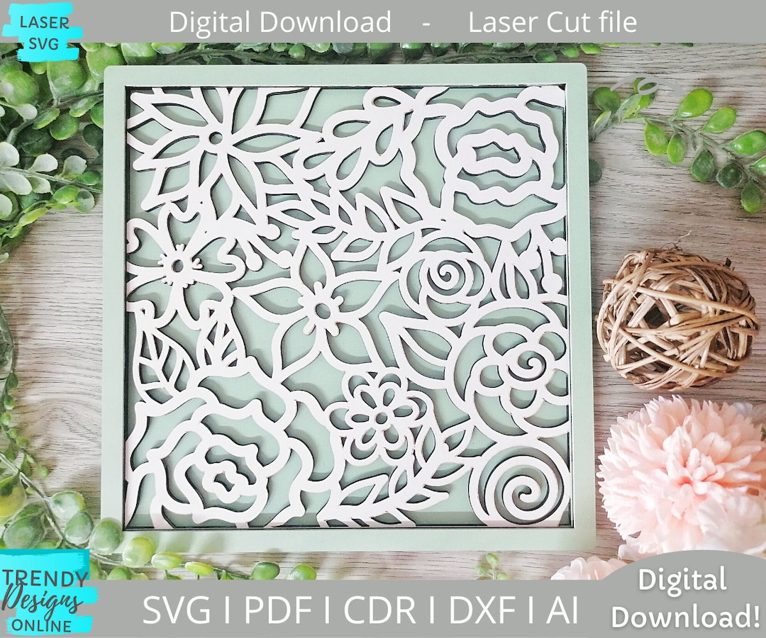 Floral Square Svg File, Layered Blank Floral Square Svg, Glowforge ...