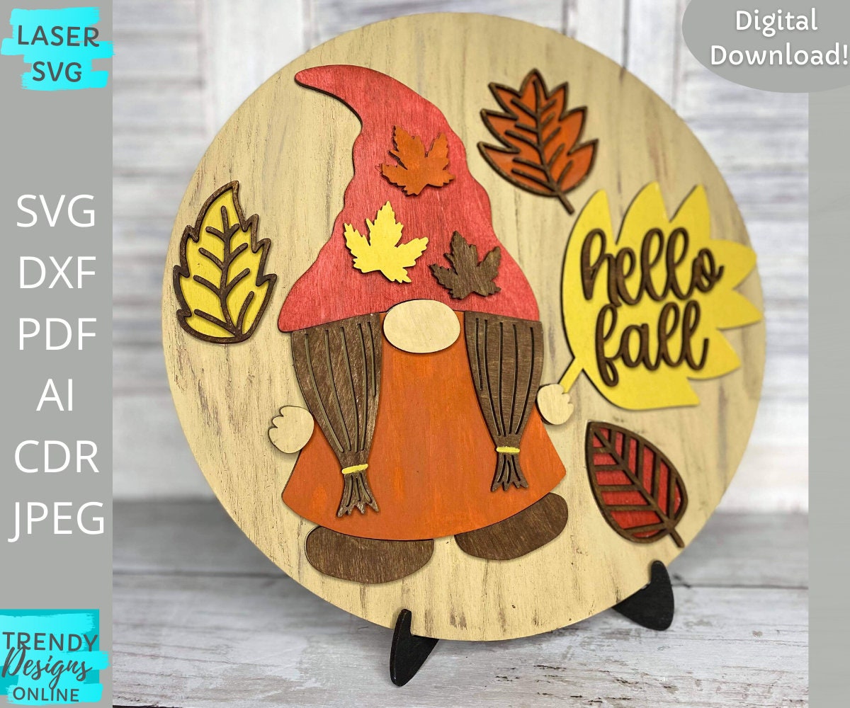 Hello Fall Gnome Svg File Digital Download Glowforge Ready - Etsy
