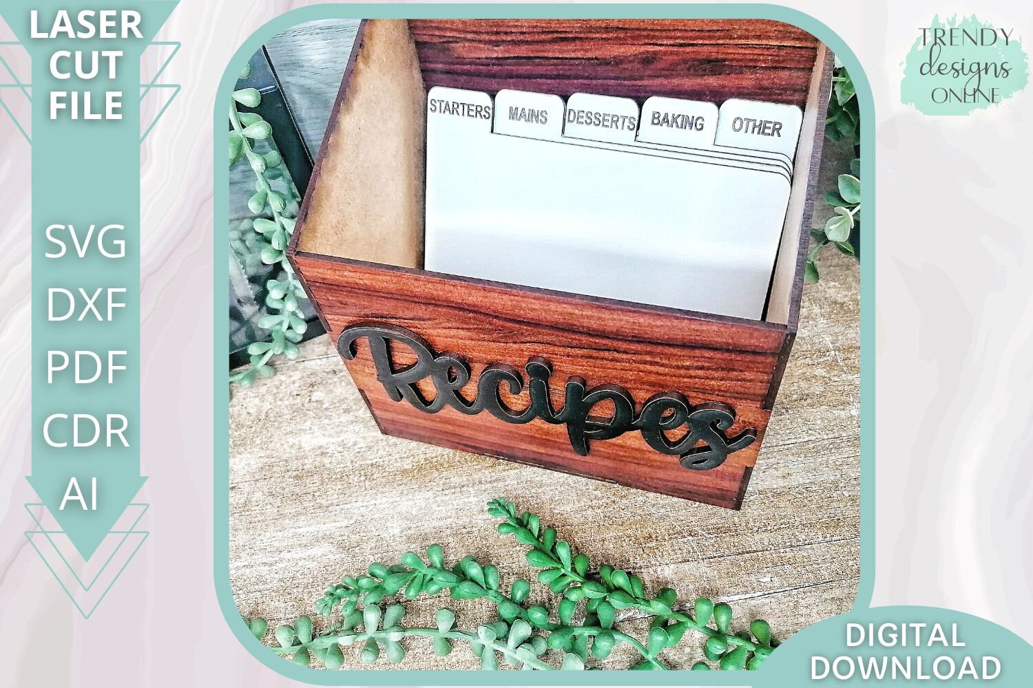 Recipes Box With Lid Svg File Recipe Cards Box With Dividers - Etsy