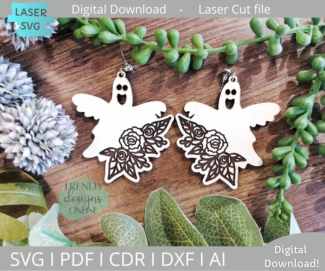Floral Ghost Earrings Svg File, Halloween Earrings Svg, Glowforge Ready ...