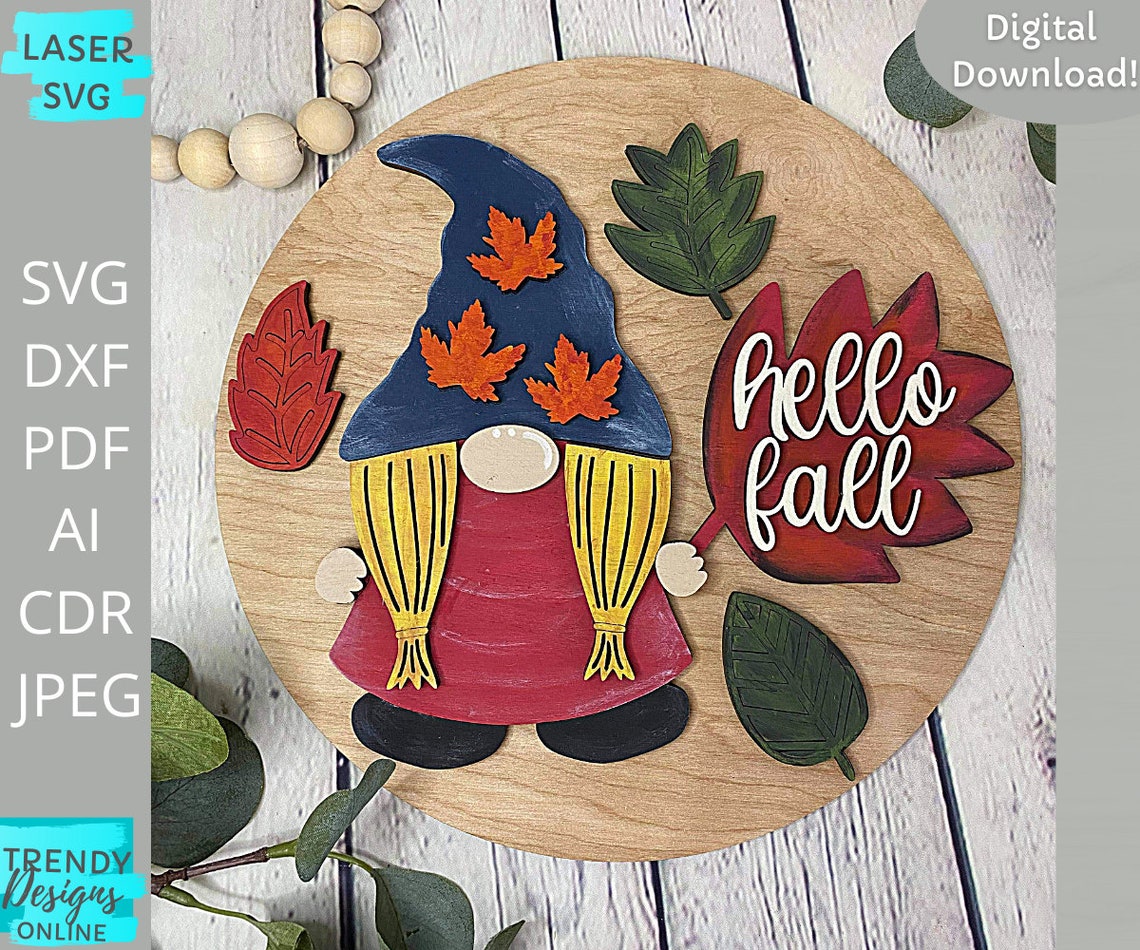 Hello Fall Gnome Svg File Digital Download Glowforge Ready - Etsy