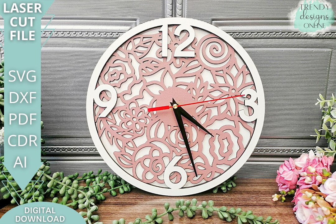 Floral Clock Svg File, Kids Room Walls Clock Svg File, Glowforge Ready ...