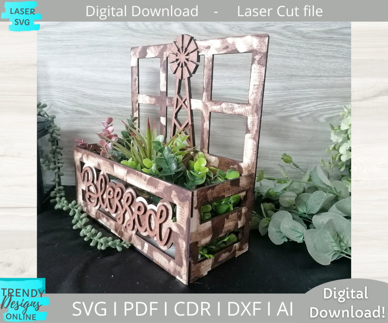 Windmill Planter Svg File Blessed Planter Svg Planter Box - Etsy