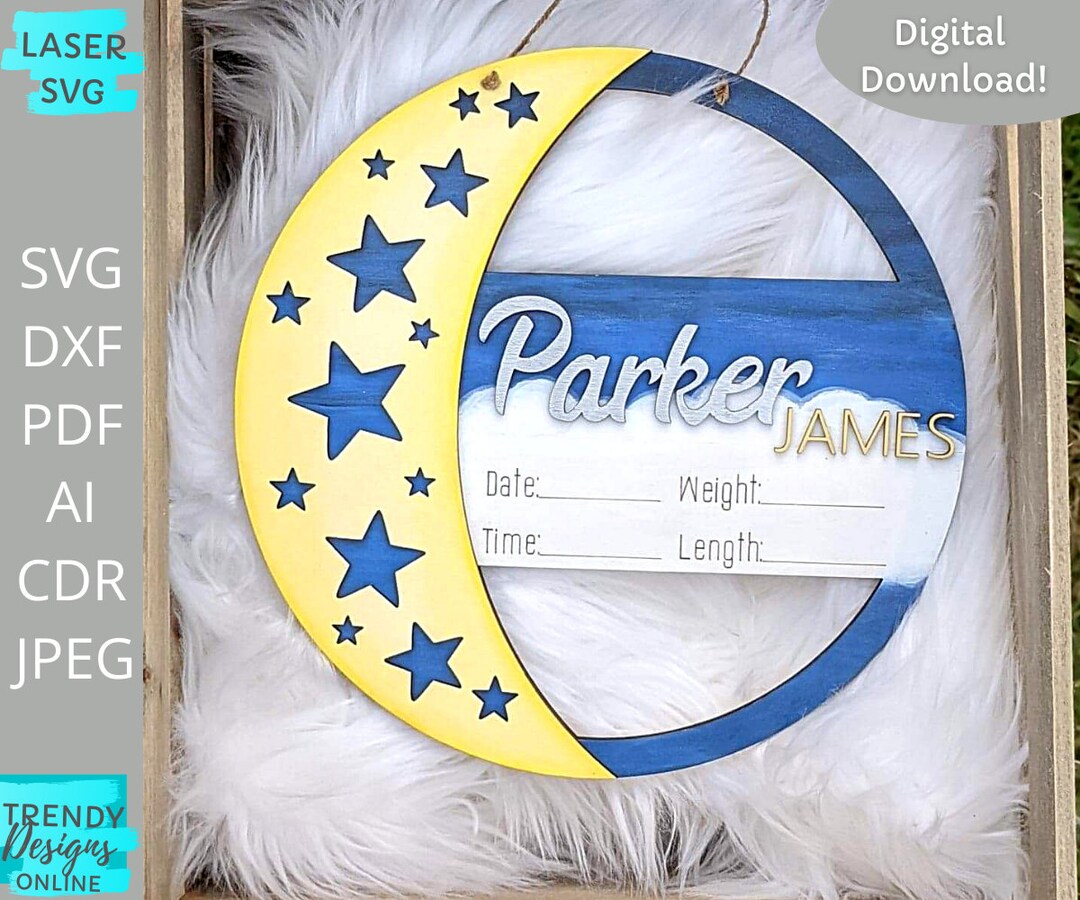 Birth Stat Svg, Moon and Stars Newborn Announcement Svg, Nursery Sign ...