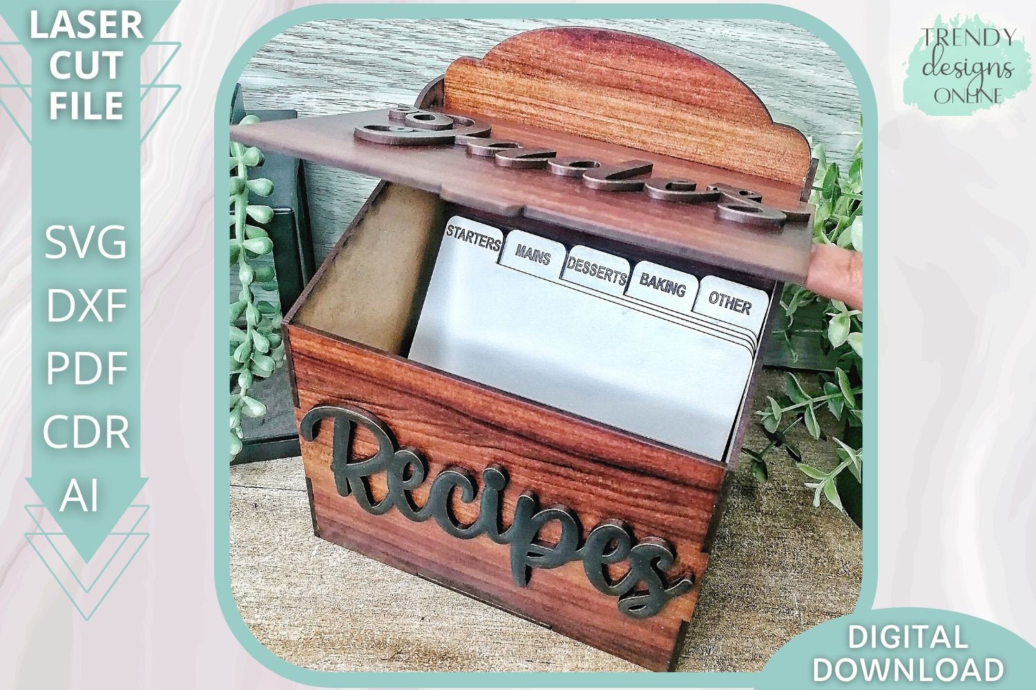 Recipes Box With Lid Svg File Recipe Cards Box With Dividers - Etsy