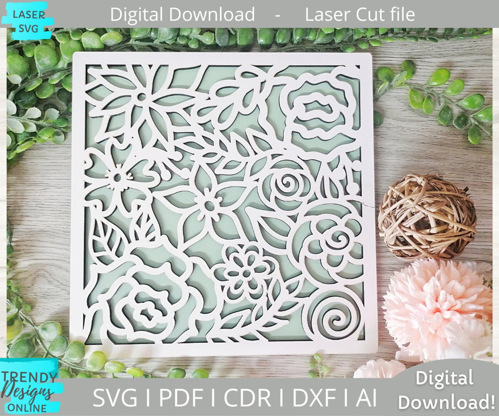 Floral Square Svg File Layered Blank Floral Square Svg | Etsy