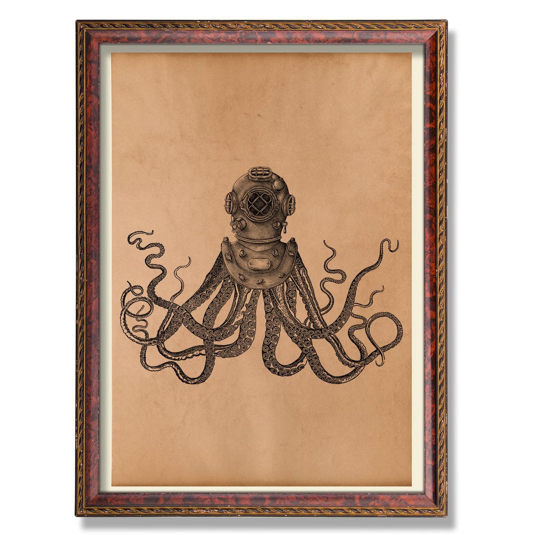 Octopus With Diving Helmet Poster Vintage Nautical Wall Art Rustic Sea ...