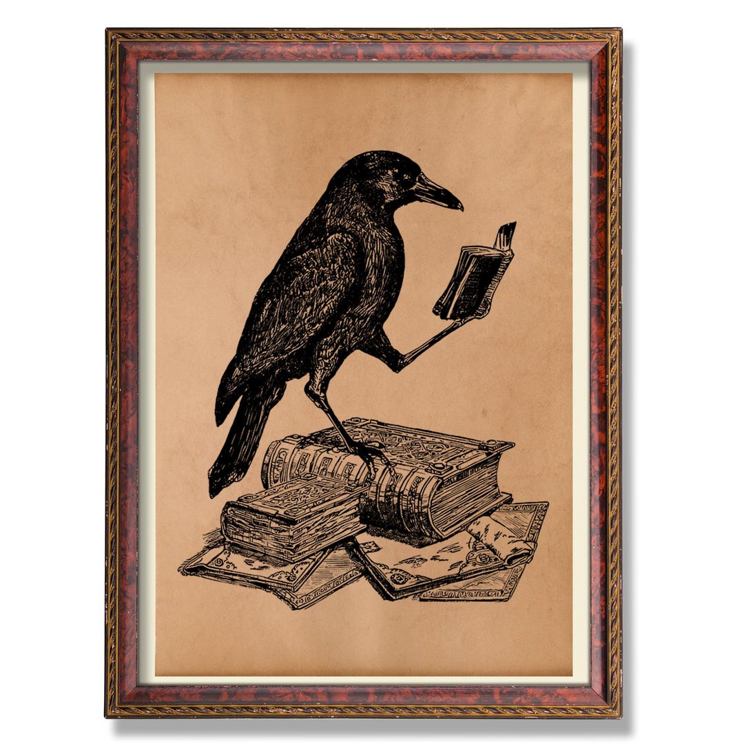 Vintage Scholarly Crow Art Print Antique Raven Reading Poster, Rustic ...