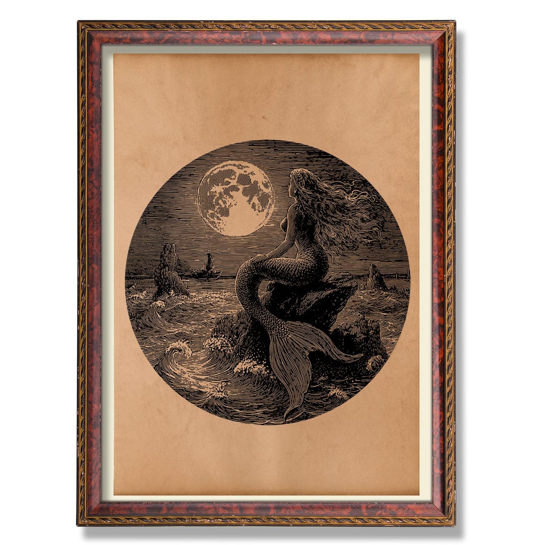 Mermaid Under the Moon Vintage Poster – Antique Ocean Illustration ...
