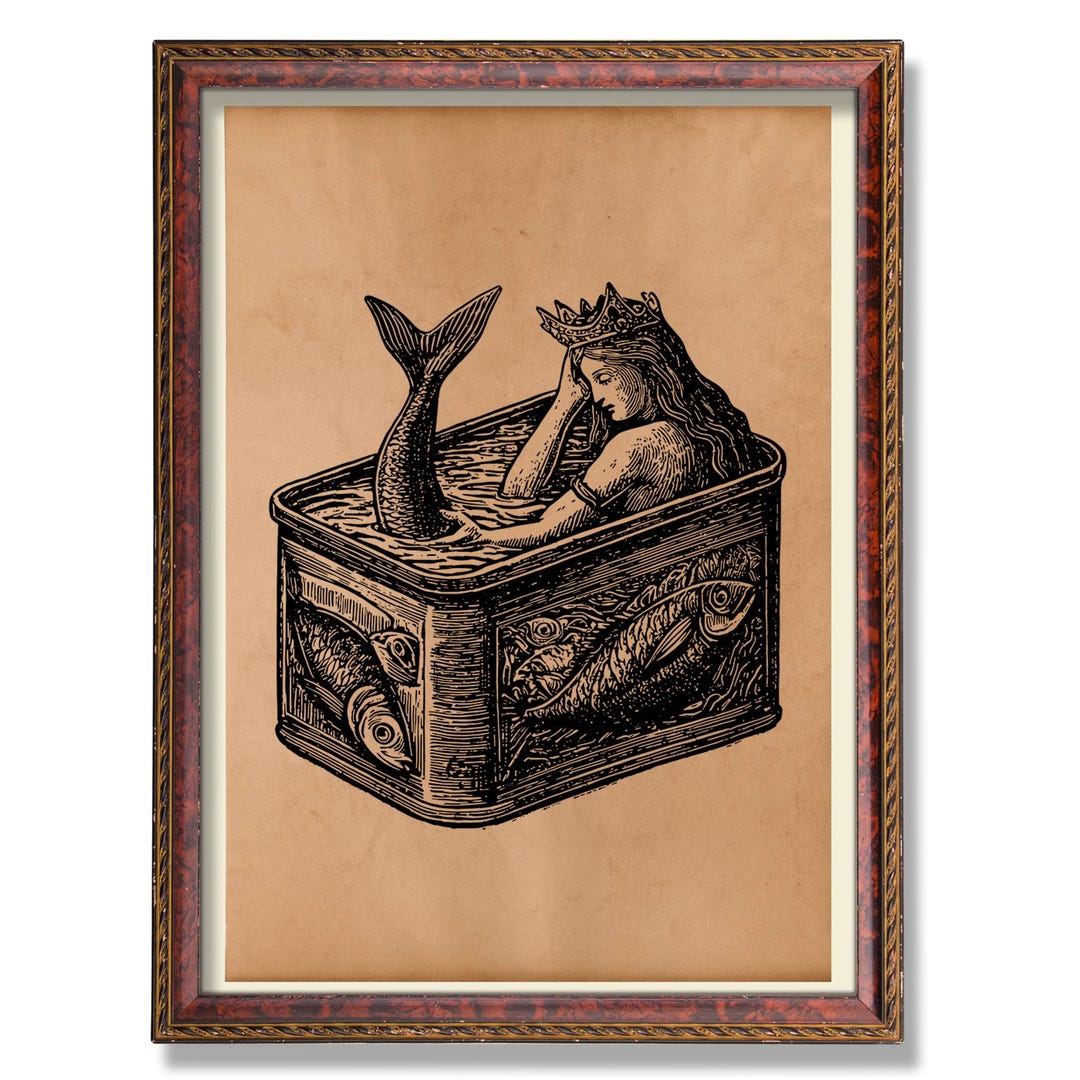Vintage Mermaid in Tuna Can Art – Rustic Surreal Ocean Illustration ...