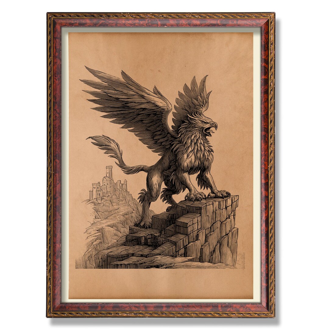 Vintage Gryphon Poster With Medieval Castle Rustic Fantasy Wall Art ...