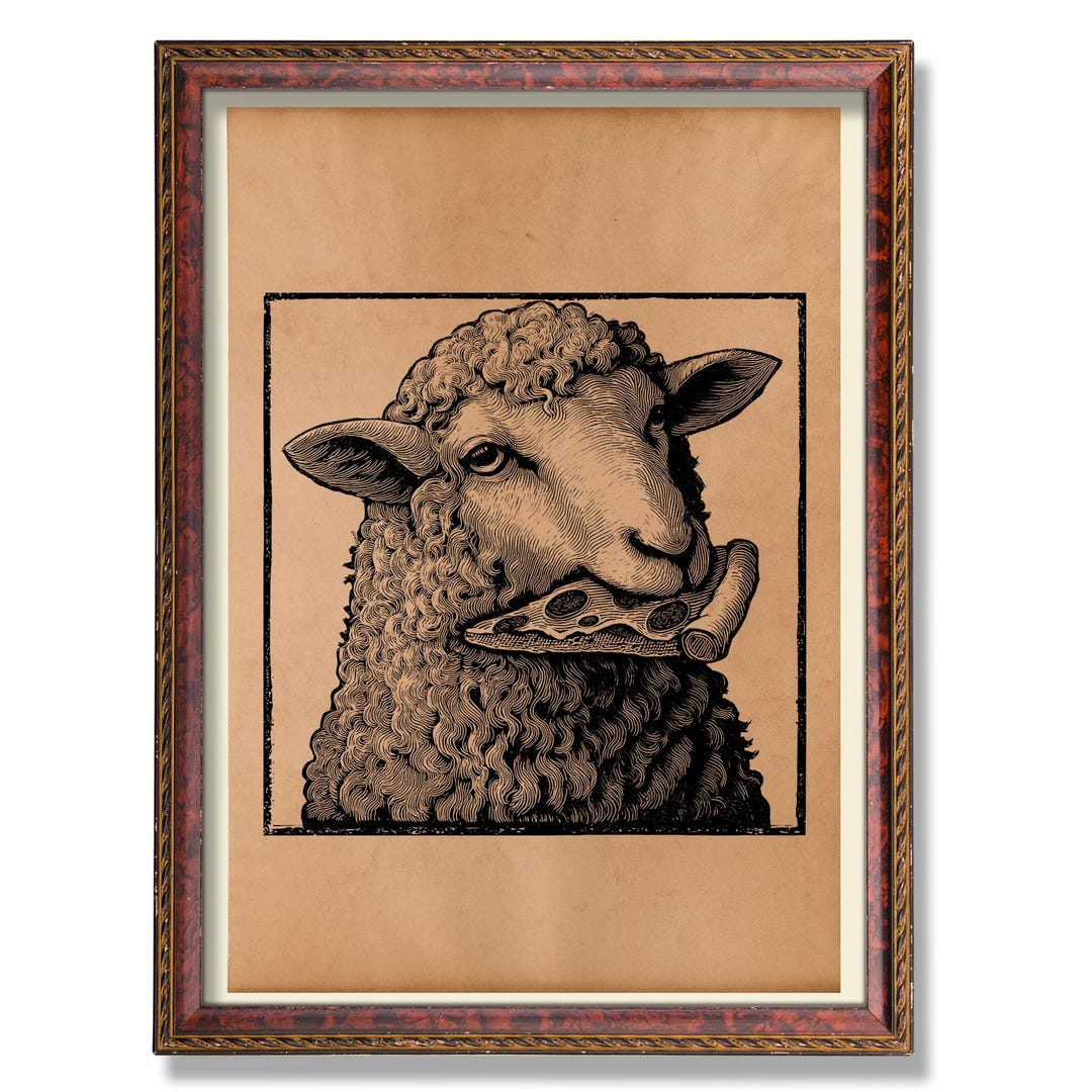 Vintage Sheep Eating Pizza Poster – Quirky Animal Illustration, Rustic ...