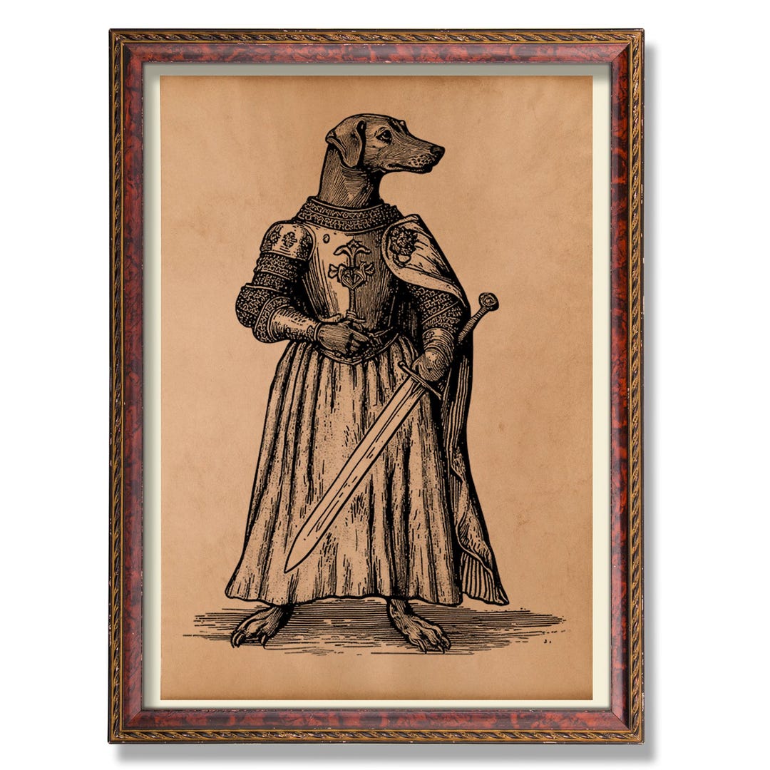 Vintage Dog Knight Poster | Rustic Fantasy Animal Art | Antique Style ...