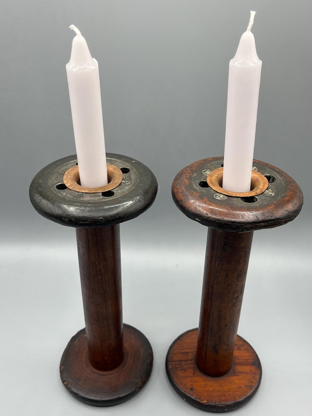Two Antique Industrial Textile Mill Bobbin Candle Holders - Spools Made ...
