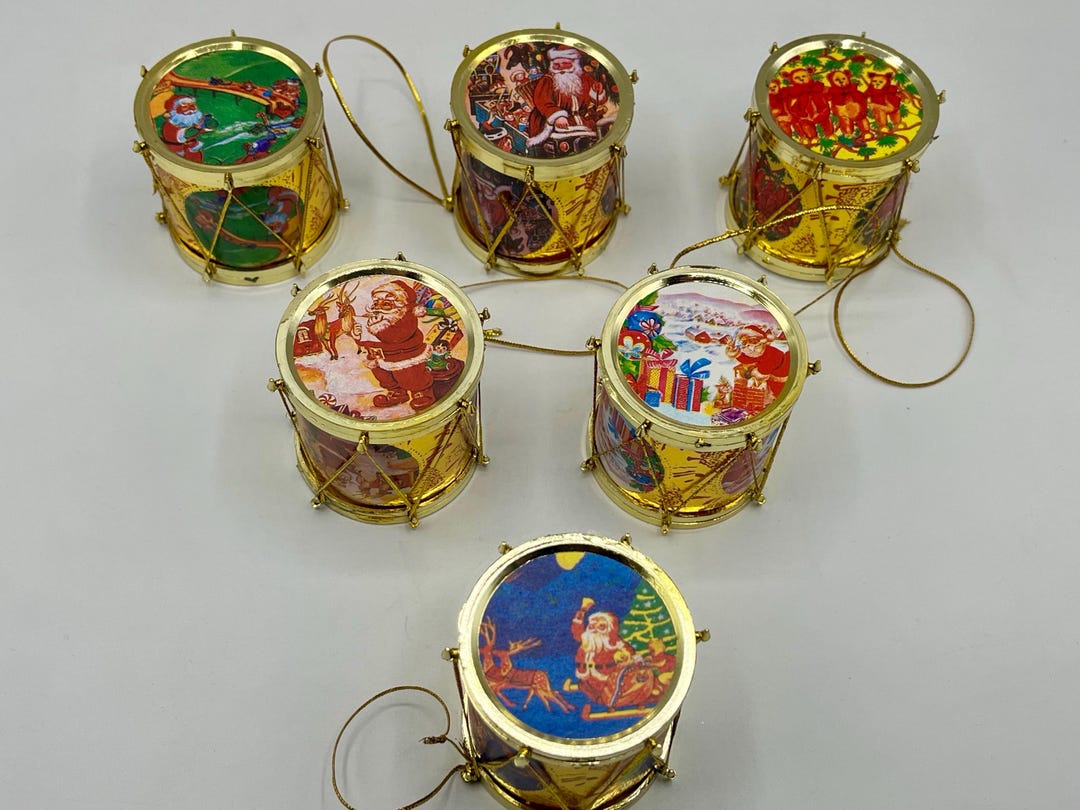 Santa Drum Ornament Set - Vintage Christmas Holiday Drum Ornaments- Set ...
