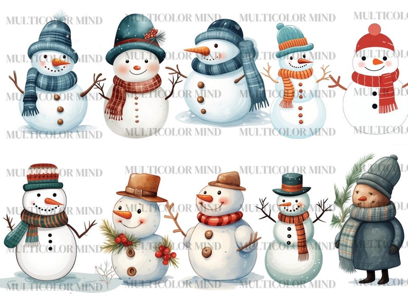 Cute Christmas Snowman Clipart PNG Bundle, 20 Watercolor Snowman Winter ...