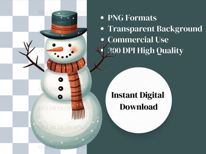 Cute Christmas Snowman Clipart PNG Bundle, 20 Watercolor Snowman Winter ...