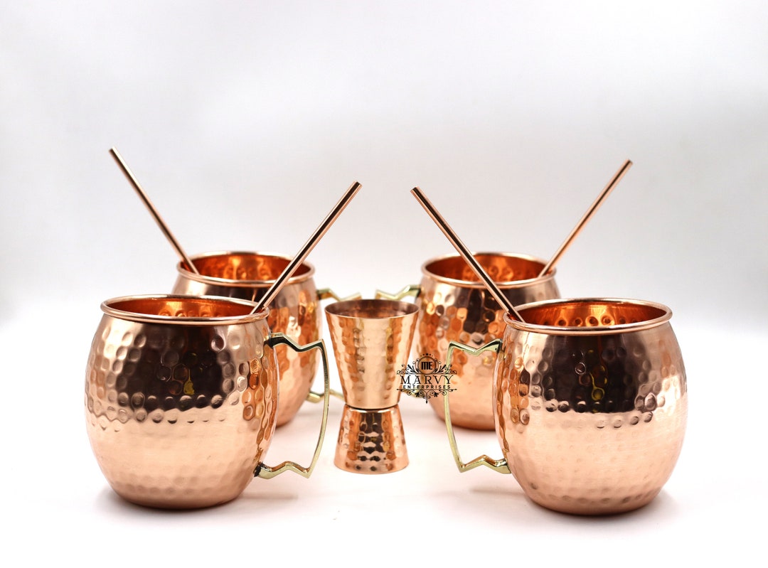 Hammered Copper Moscow Mule Mug Set: 4 Mugs With 4 Straws & 1 Jigger - Etsy