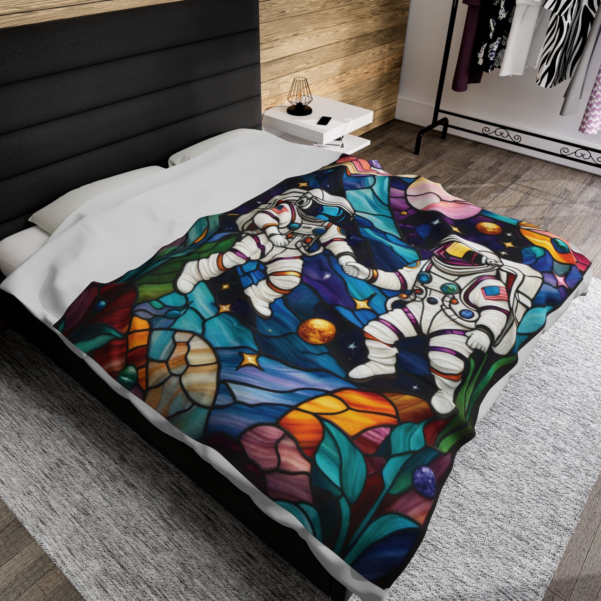 Astronauts in Space Stained Glass Effect Blanket Plush Velveteen Solar ...