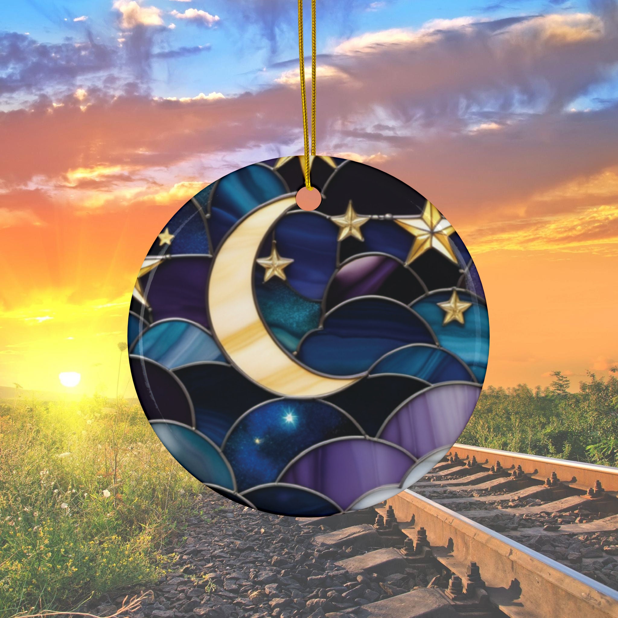 Celestial Ceramic Ornament: Stained Glass Moon and Stars Tree ...