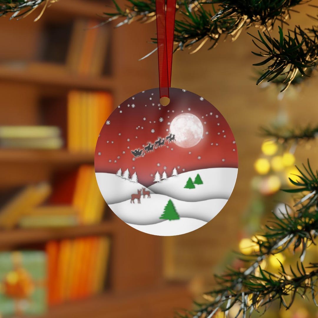 Winter Christmas Eve Metal Ornament, Santa and Reindeer Decoration ...