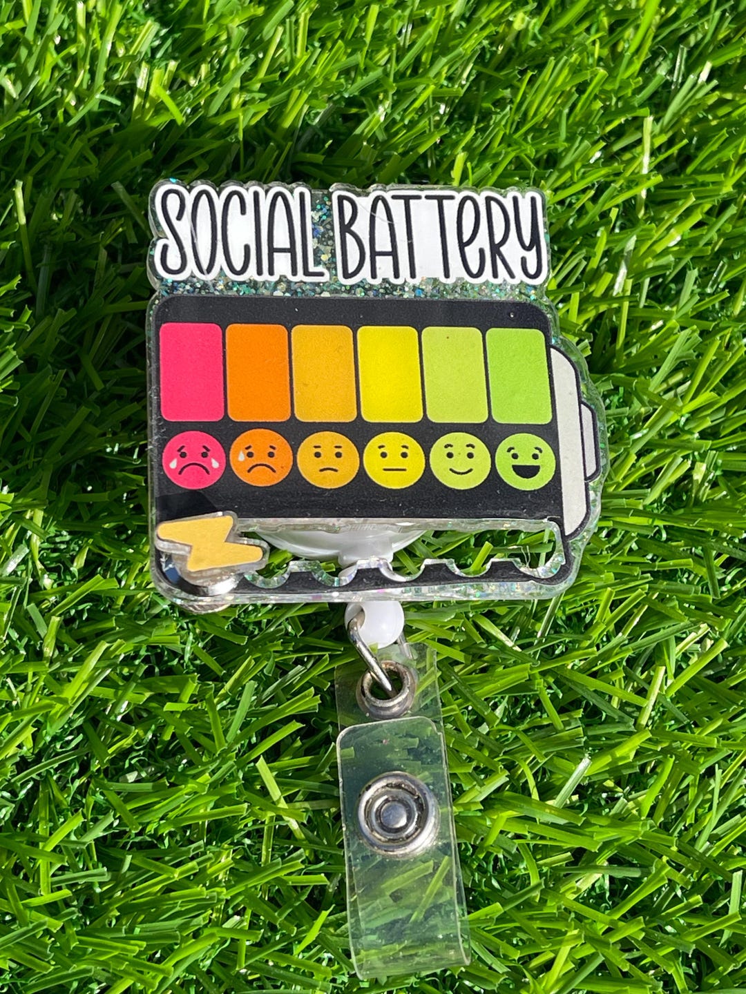 Social Battery Badge Reel: Glitter Epoxy Alligator Clip ID Holder - Etsy
