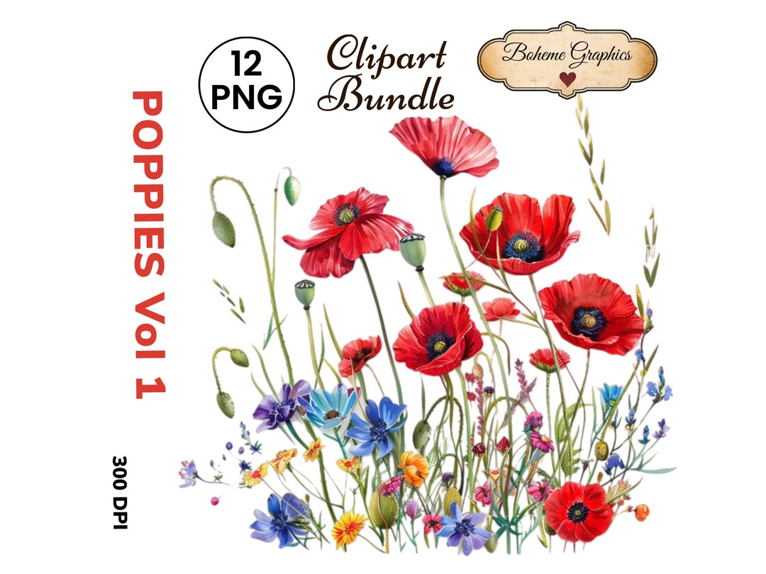 12 Printable Wildflower Poppy Flower Clipart Images for Decoupage, Card ...