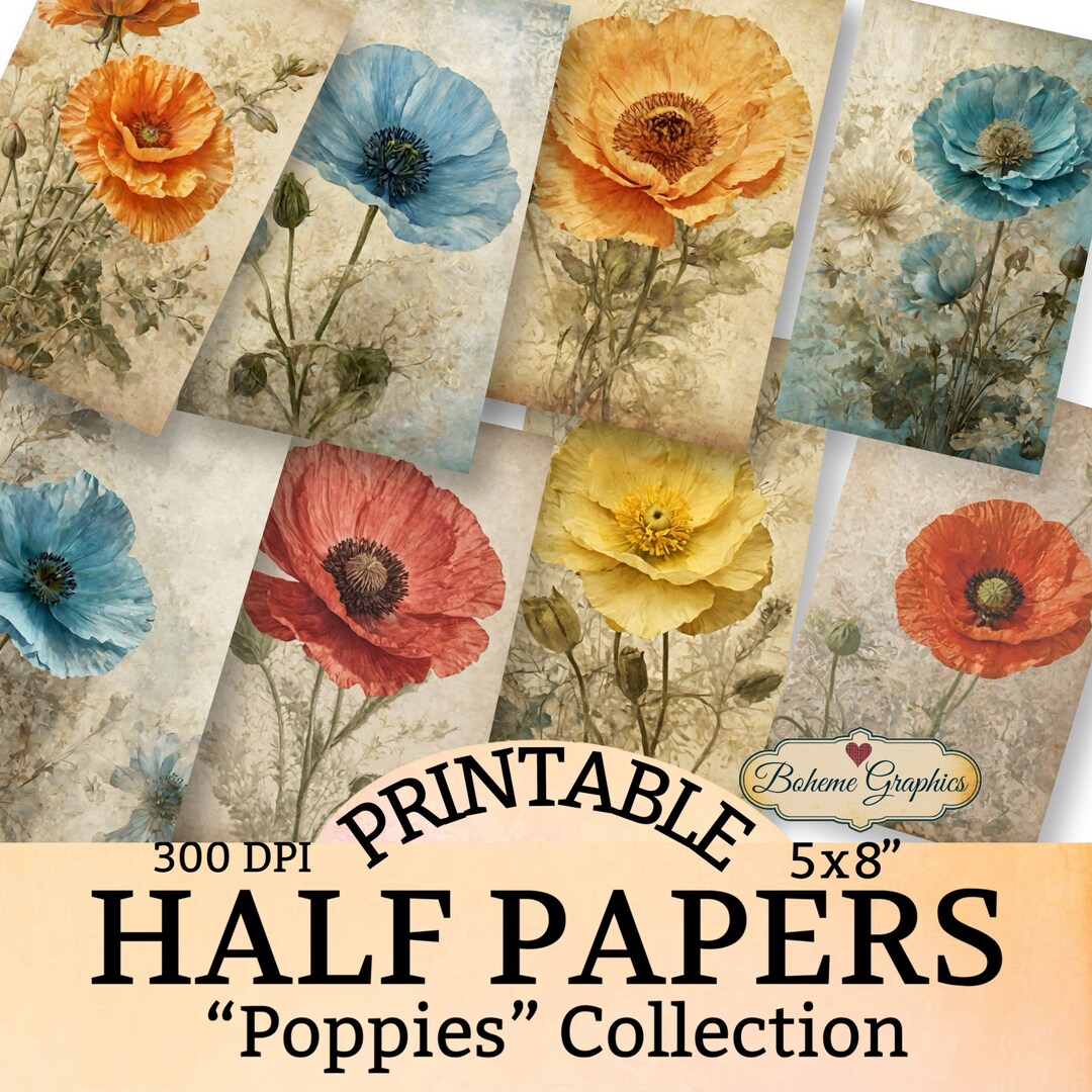 Poppy Flowers Printable Half Papers, Junk Journal Download for ...