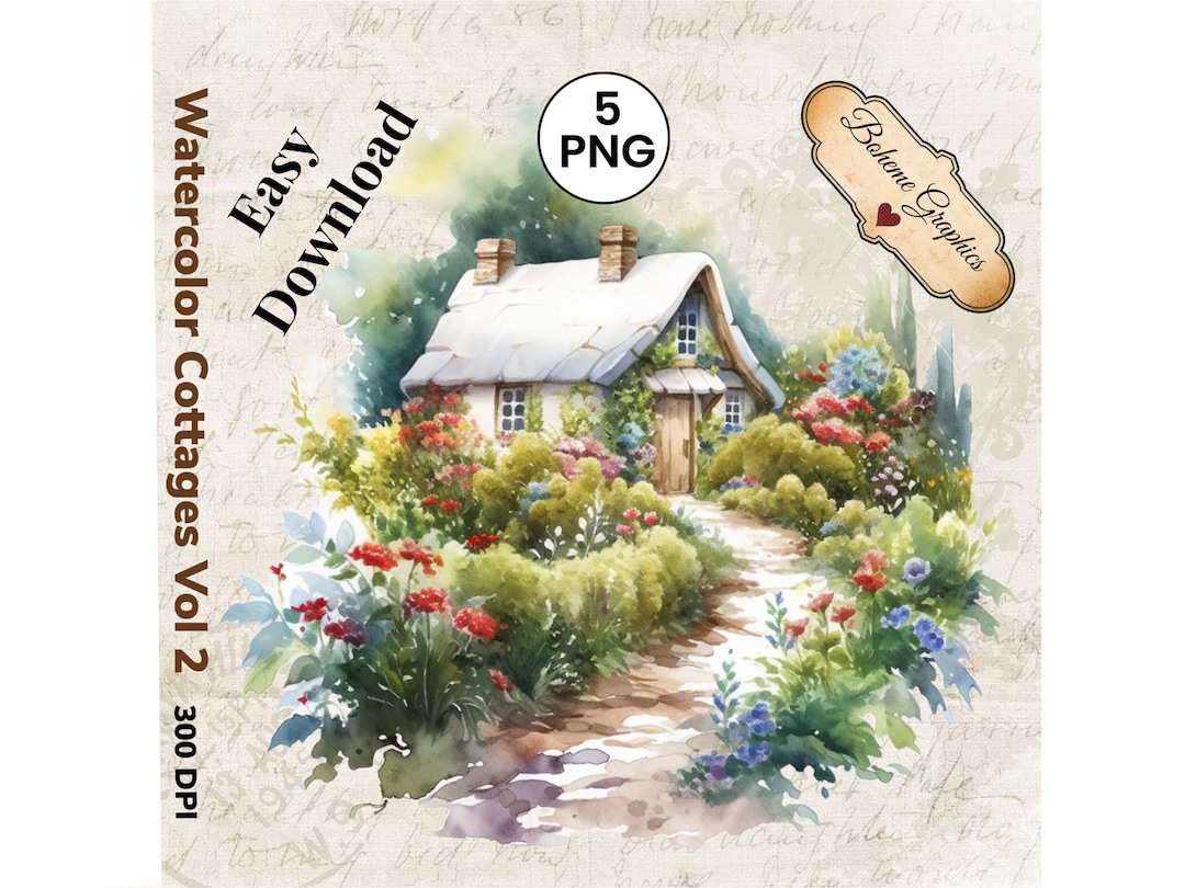 5 Printable Watercolor Clipart Cottages for Decoupage, Card Making ...
