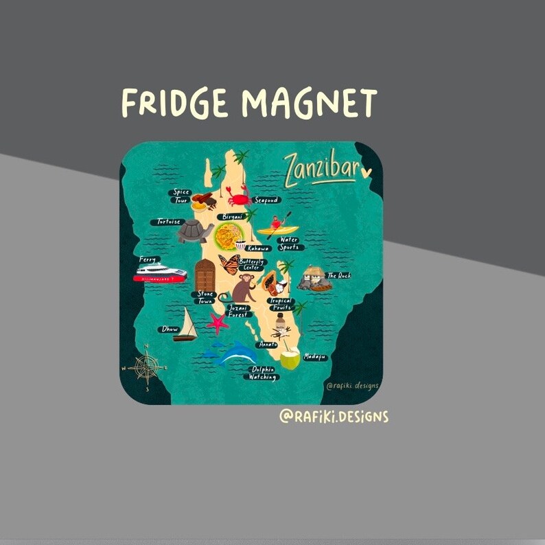 Magnet - Zanzibar Illustrated Map, Matte Finish | Souvenir, Gift ...