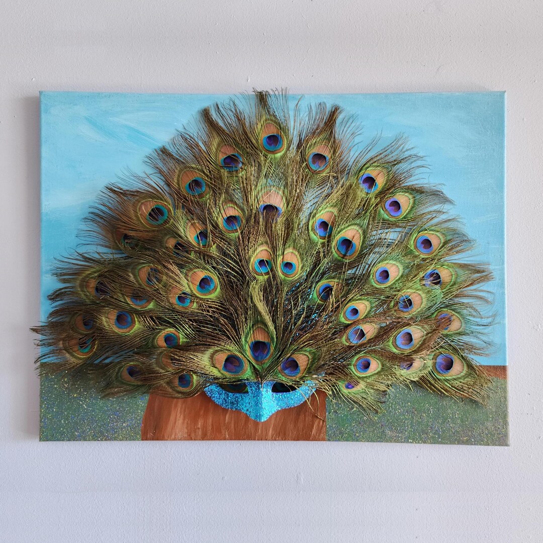 Peacock Feather Wall Art: Creepy 3D Assemblage Painting on Canvas - Etsy