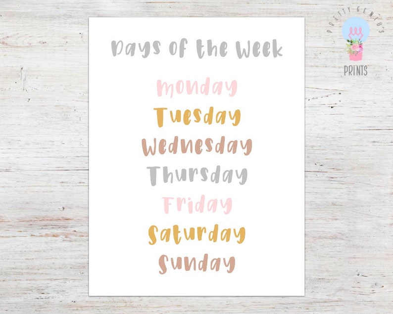 Days of the Week, Printable Poster, 8.5x11, Digital Download - Etsy