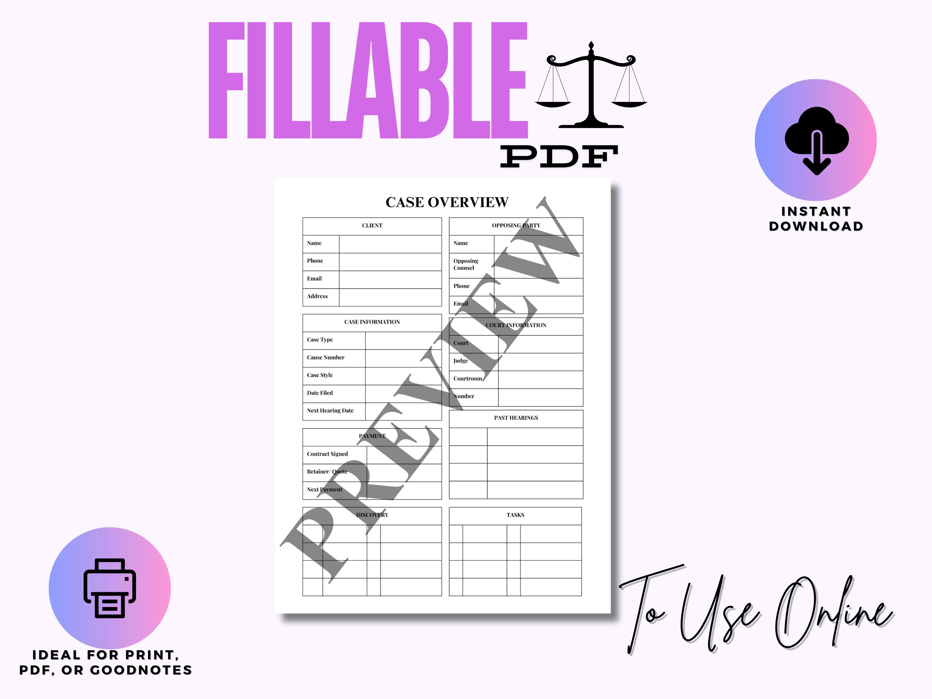 Case Overview Fillable Sheet, Case Management,client Update,law ...