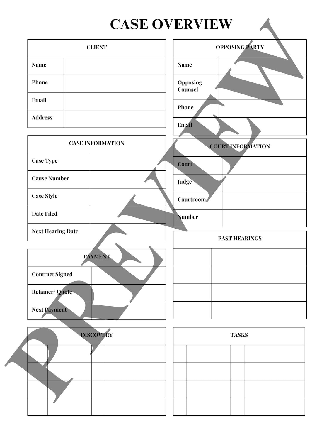 Case Overview Fillable Sheet, Case Management,client Update,law ...