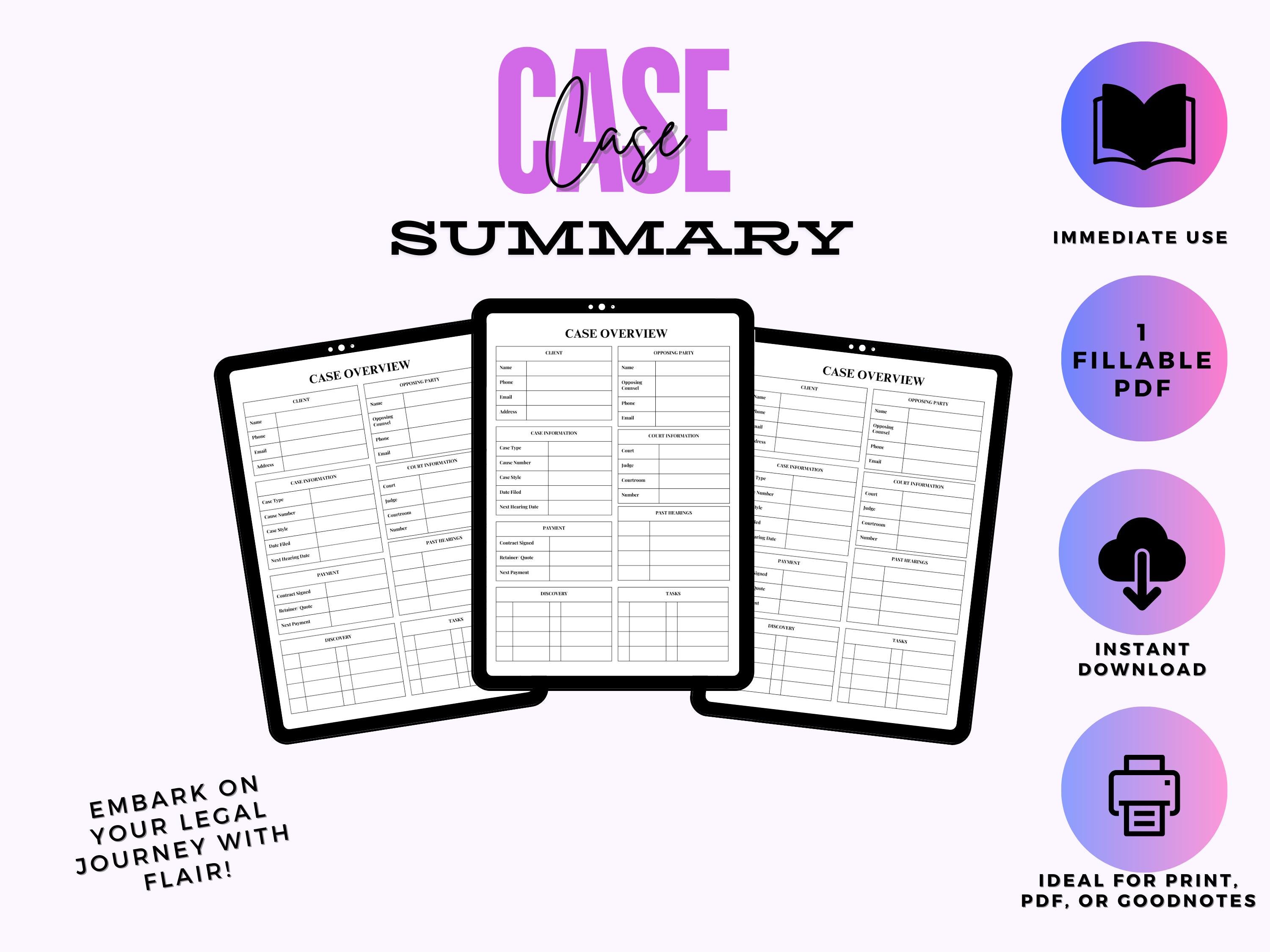 Case Overview Fillable Sheet, Case Management,client Update,law ...
