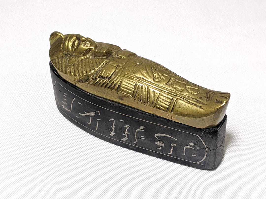 Egyptian Sarcophagus Figurine Brass Mummy Statue Stone Base Hieroglyphs ...
