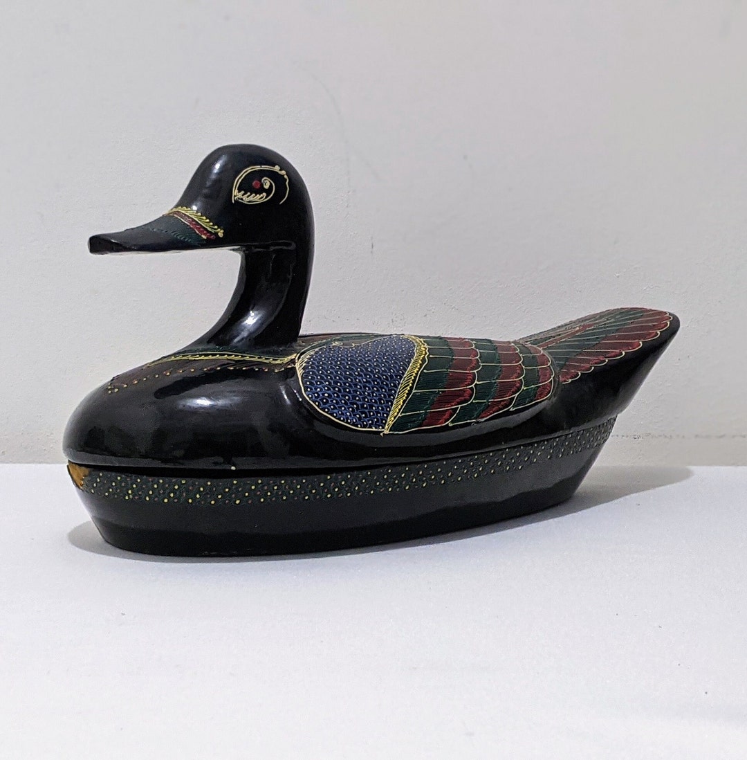 Vintage Black Lacquered Mallard Duck Shaped Wooden Box. Lanna Duck ...