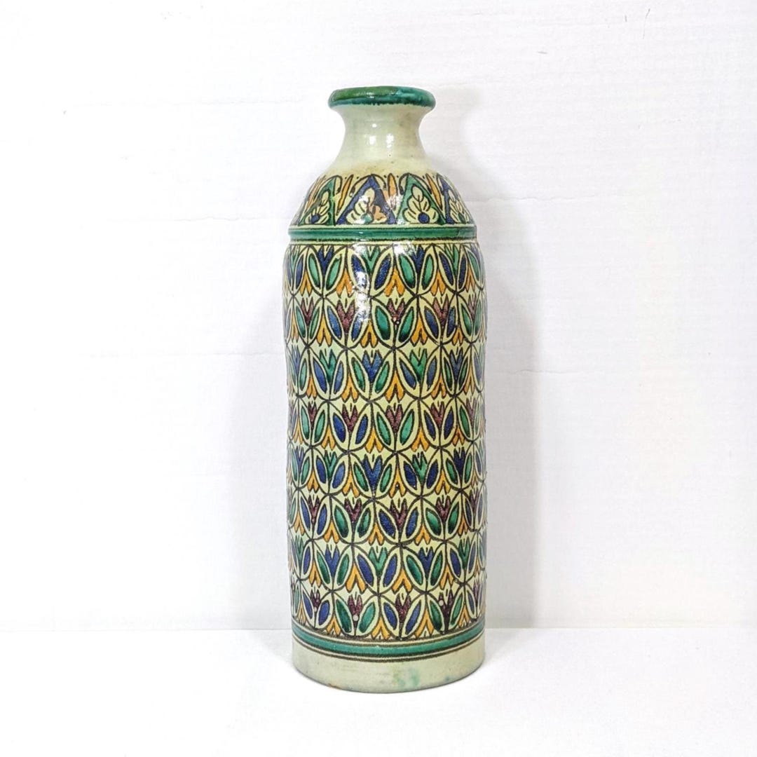 Antique Fez Pottery Vase: Moroccan Hand-painted Ceramic Vessel, 13.75 ...