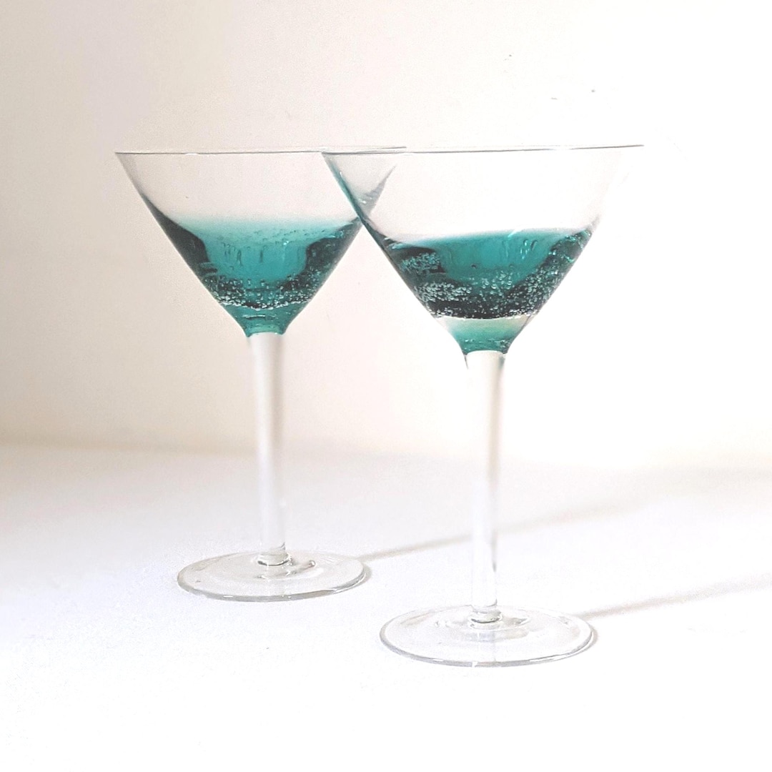 Teal Martini Glasses, Bullicante Art Glass Gradient, Hand Blown Set of ...