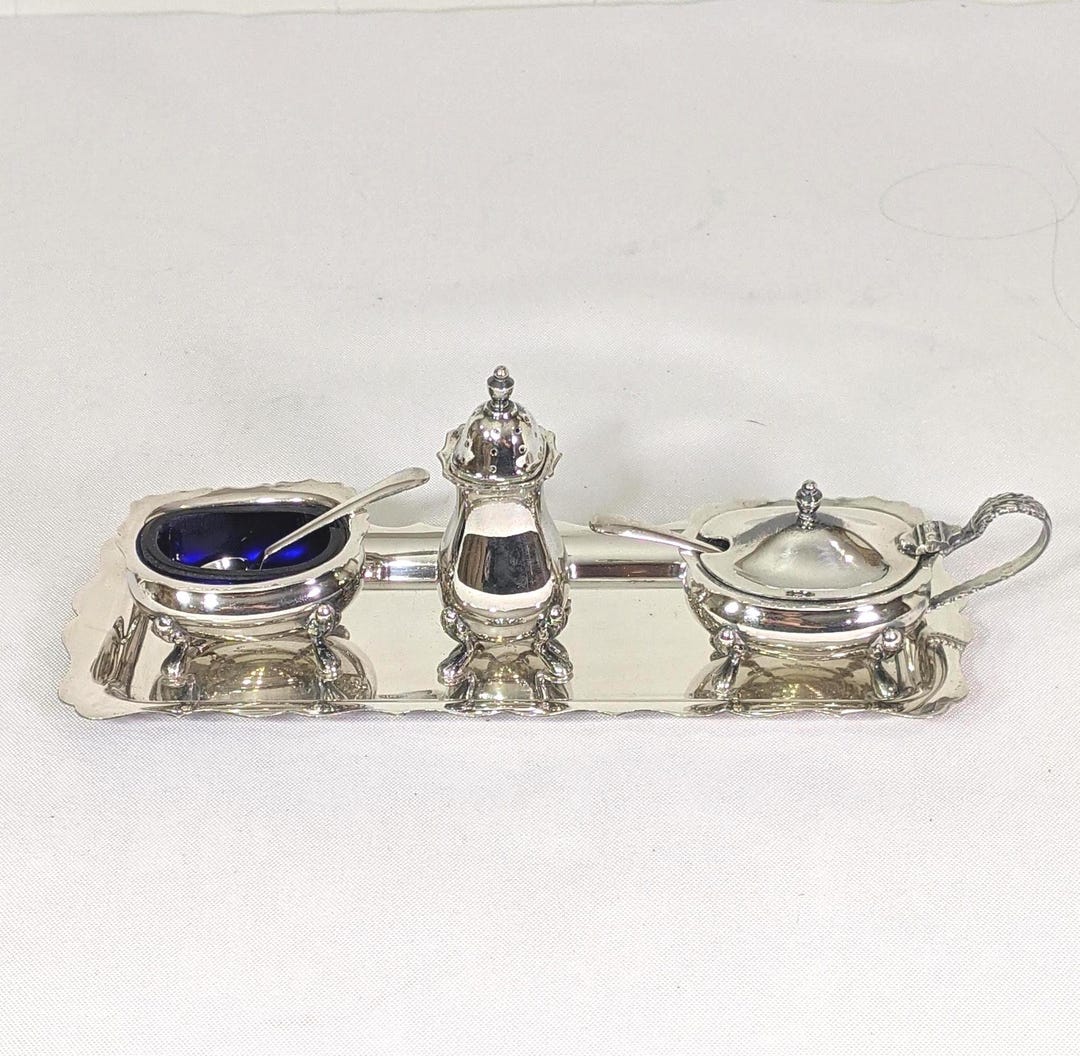 Vintage Yeoman Plate Silverplated Cruet Set: Cobalt Glass Condiment Set ...