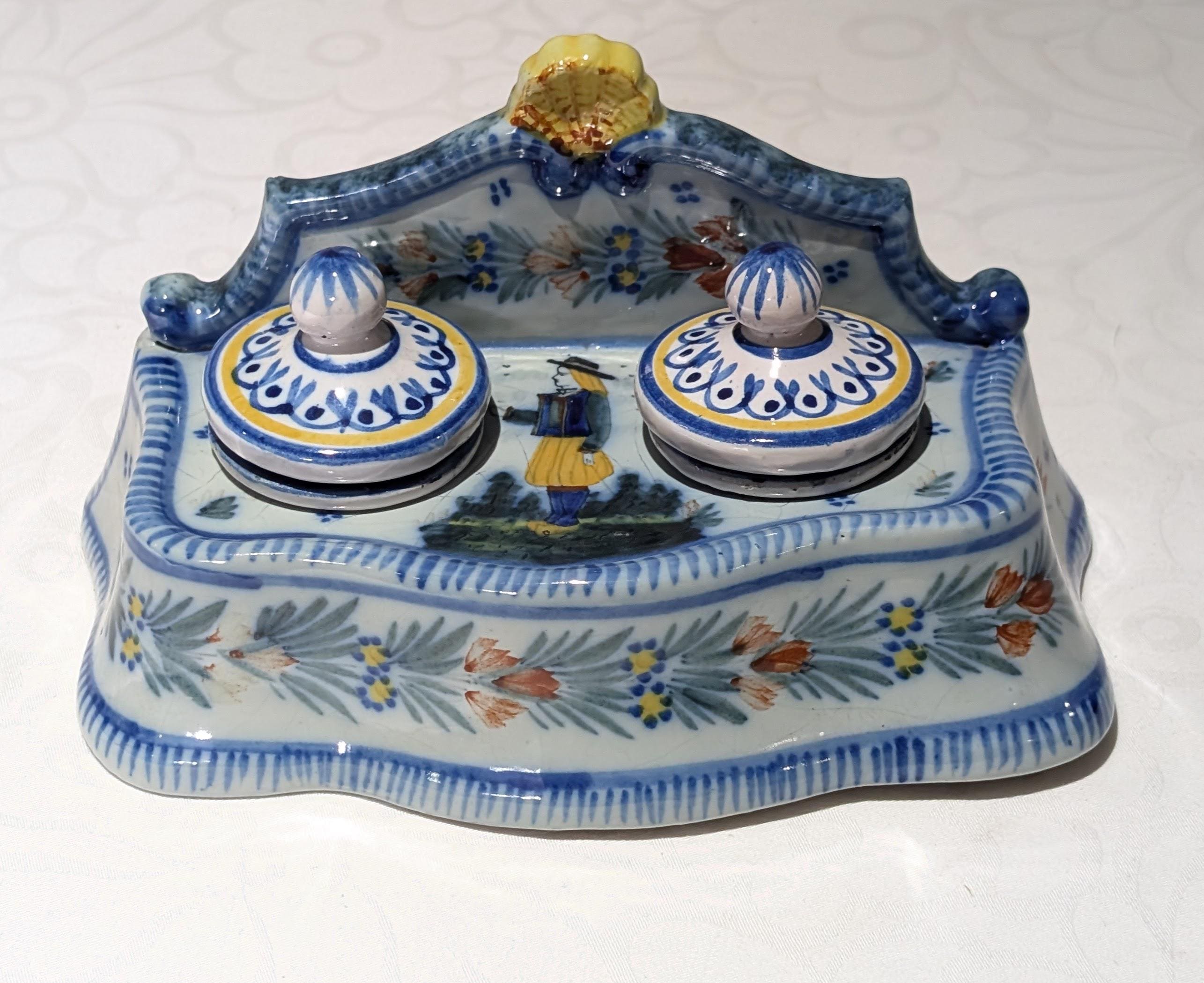 Quimper French Faience Inkwell | Antique HR Double Inkwell Early 20th ...