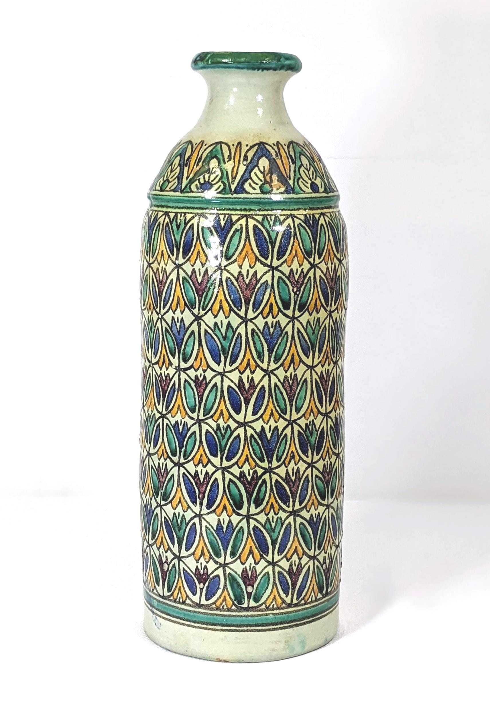Antique Fez Pottery Vase: Moroccan Hand-painted Ceramic Vessel, 13.75 ...