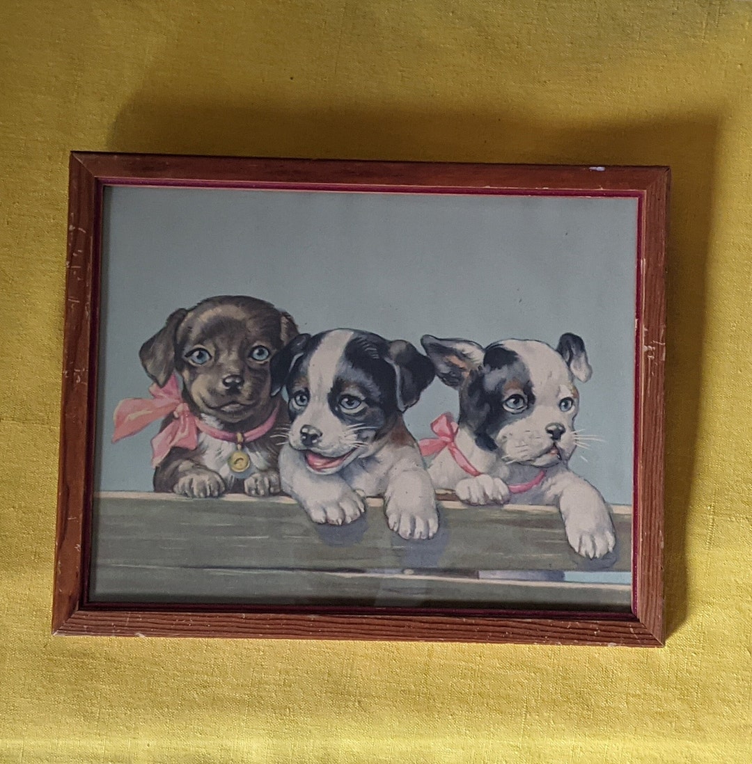 Small Vintage Lithograph Print, Three Puppy Dogs With Pink Bows Made in ...