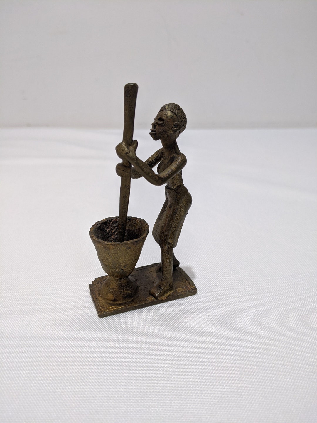 Small Vintage West African Metalwork Statuette, Woman Stirring A Pot ...